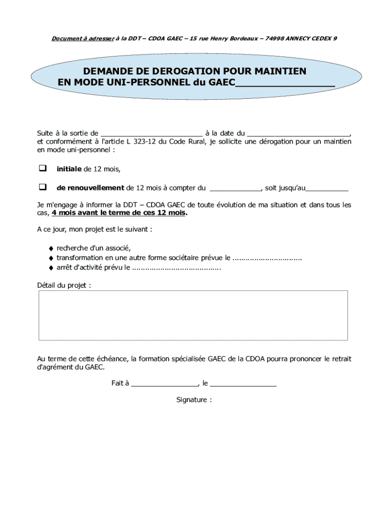 Fillable Online DEMANDE DE DEROGATION POUR MAINTIEN EN MODE UNI ... Fax ...