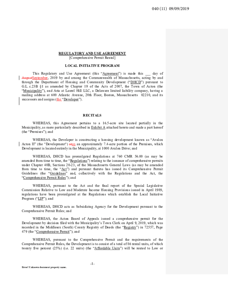 Fillable Online -1- REGULATORY AND USE AGREEMENT Comprehensive Permit ...