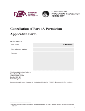 Fillable Online www.handbook.fca.org.uk form supCancellation of Part 4A ...