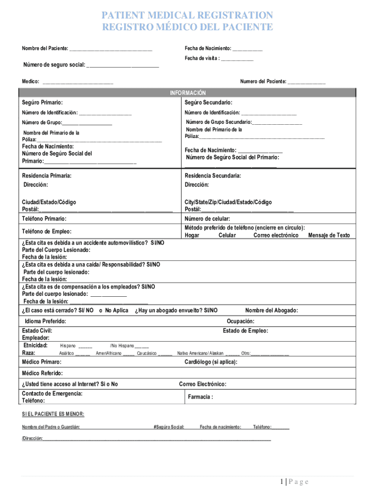 Fillable Online New Patient Registration Nuevo Registro de Paciente ...