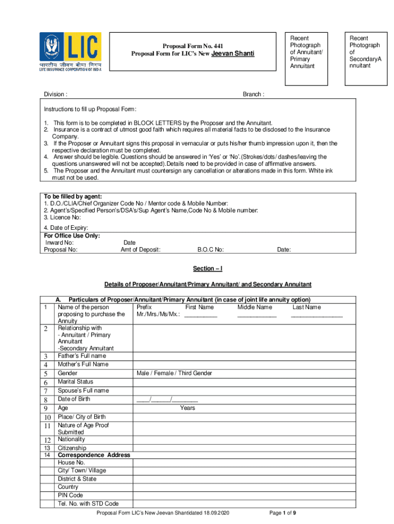 Fillable Online Proposal Form No. 441 Proposal Form for LIC's New ...