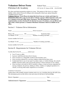 Fillable Online Volunteer Driver Form School Year ... - Christian Life ...
