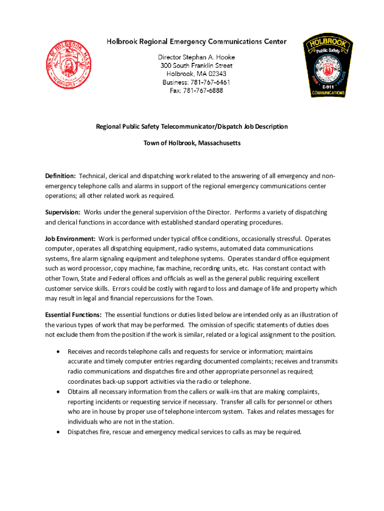 Fillable Online Regional Public Safety Telecommunicator/Dispatch Job ...