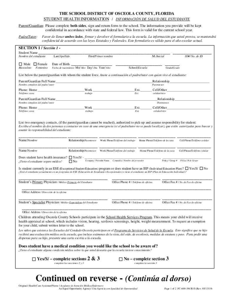Fillable Online Fillable Online osceola k12 fl STUDENT HEALTH ...