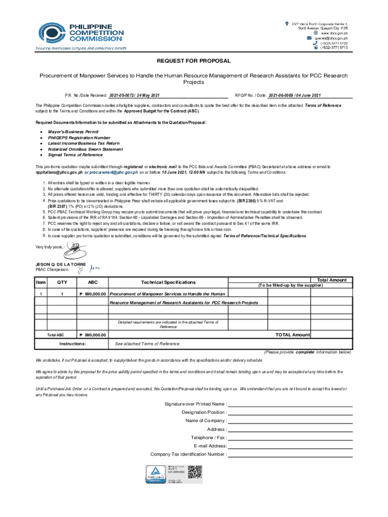 Fillable Online PDF REQUEST FOR PROPOSAL Procurement of Manpower Services to ... Fax Email Print ...