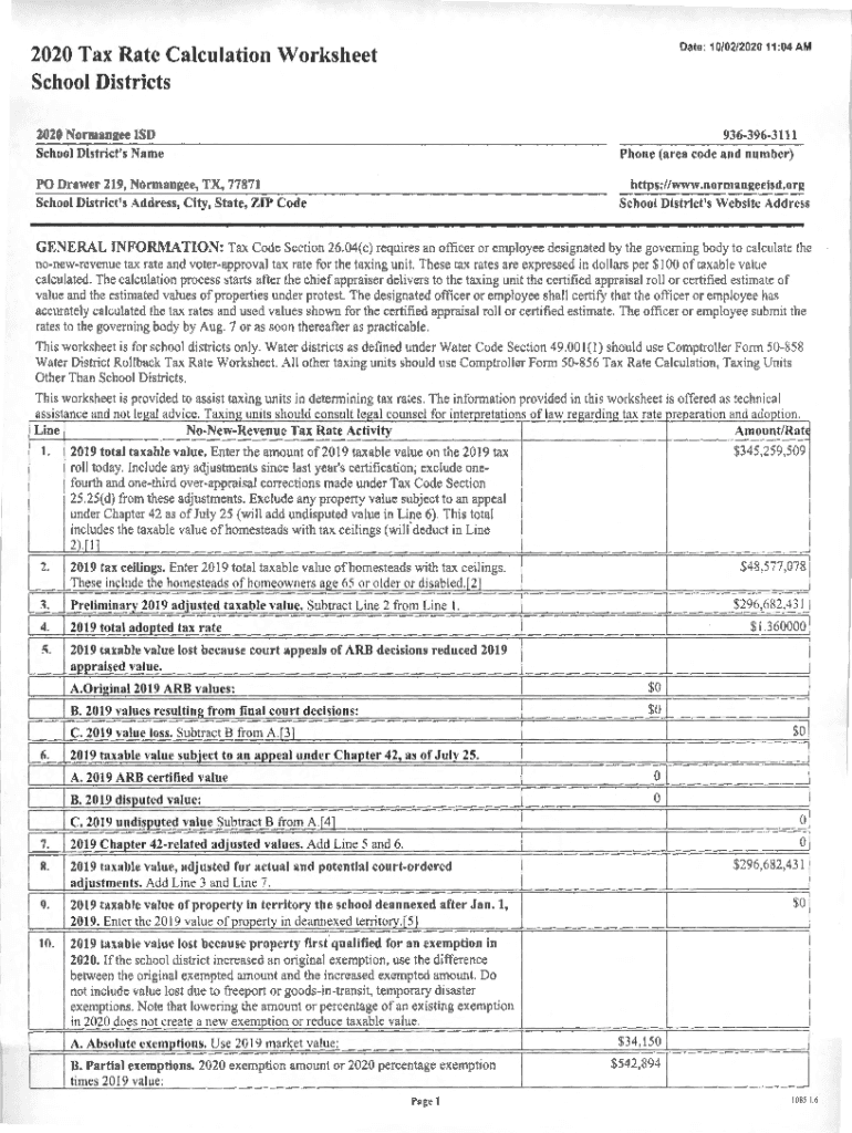 Fillable Online 2020 Tax Rate Calculation Worksheet - ISD/BISD.pdf Tax ...