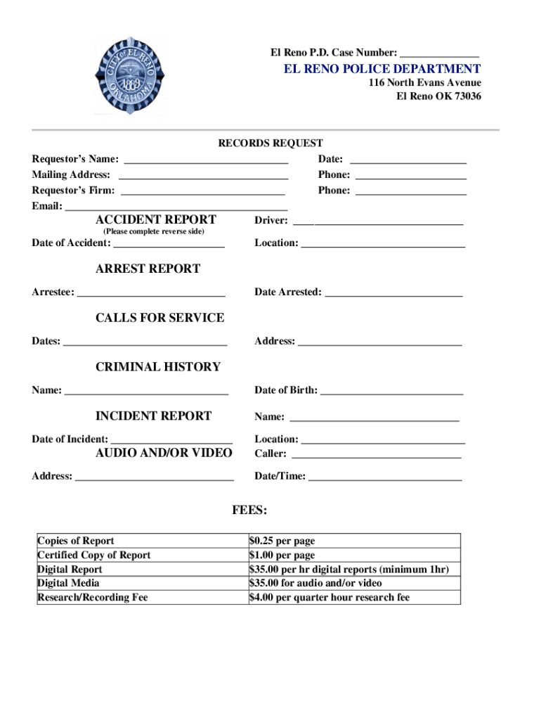 Fillable Online Police Department - City of El Reno Fax Email Print ...