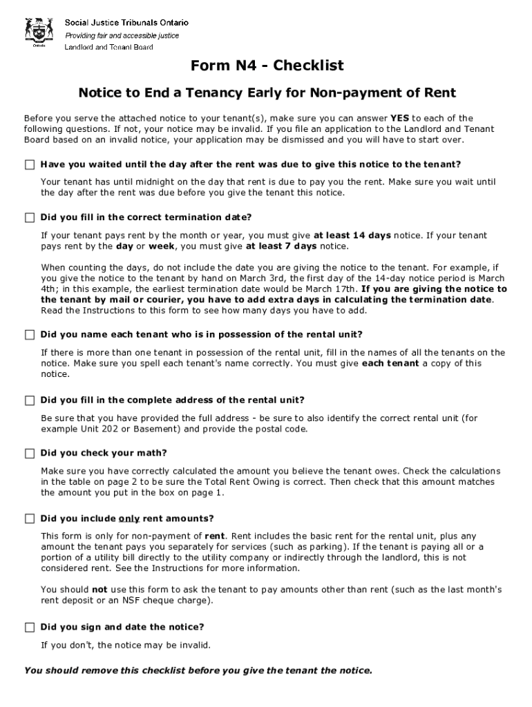 Fillable Online Form N4 - Checklist - Notice To End A Tenancy Early For ...