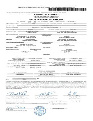 Fillable Online ANNUAL STATEMENT FOR THE YEAR 2020 OF THE UNUM ...