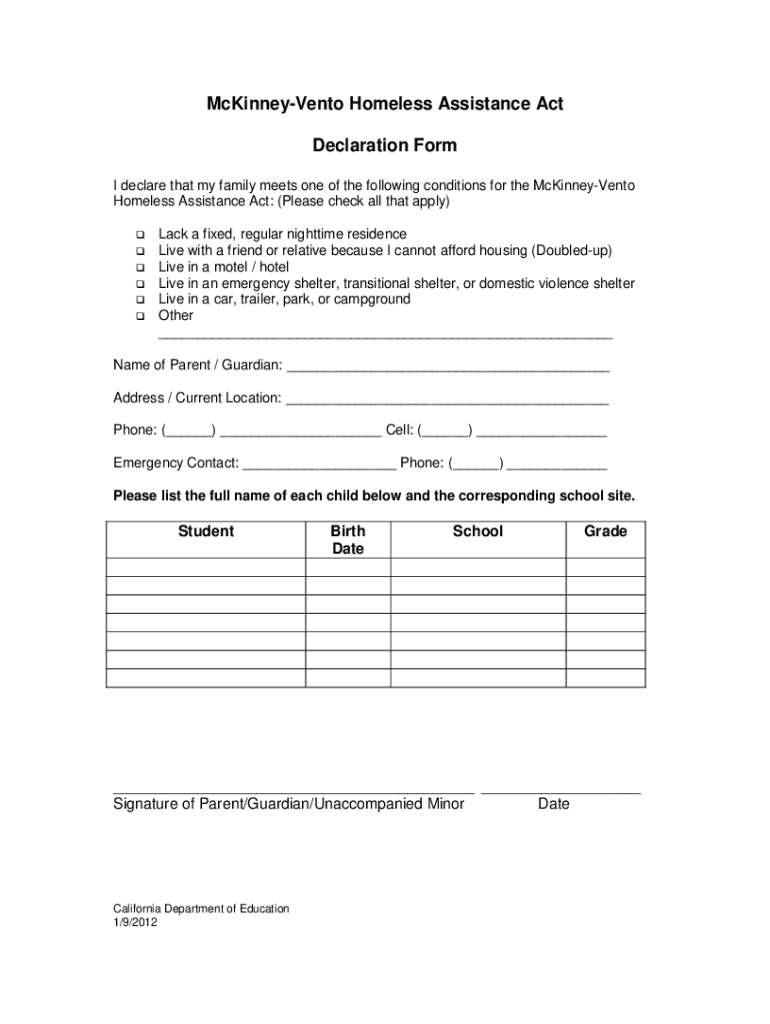 Fillable Online Declaration of Homeless - Resources for Homeless ...