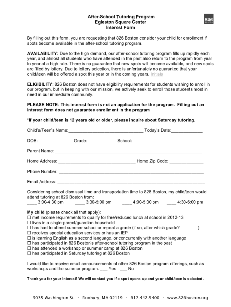 Fillable Online Updated-After-School-Tutoring-Interest-Form-NO-DATE Fax ...