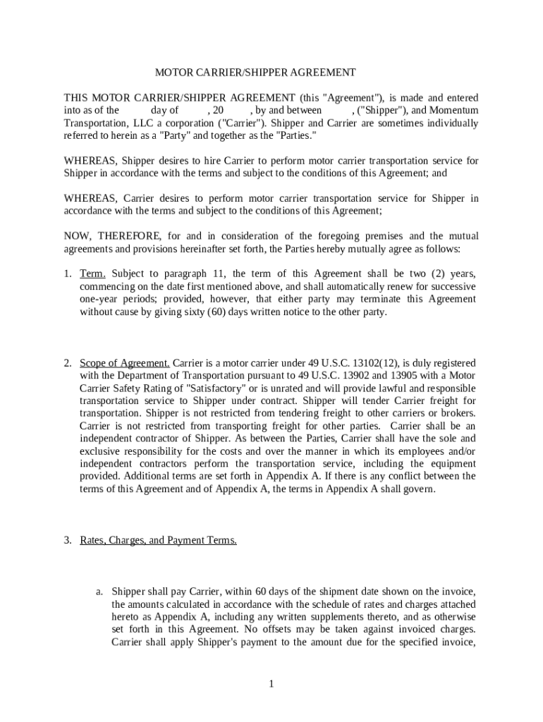 Shipper Agreement Sample ContractsLaw Insider Doc Template | pdfFiller