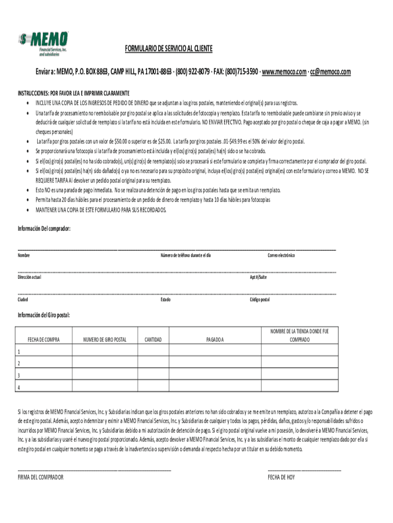 Fillable Online MONEY ORDER REQUEST FORM Send To - MEMO ... Fax Email ...