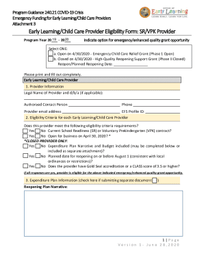 Fillable Online Early Learning/Child Care Provider Eligibility Form: SR ...