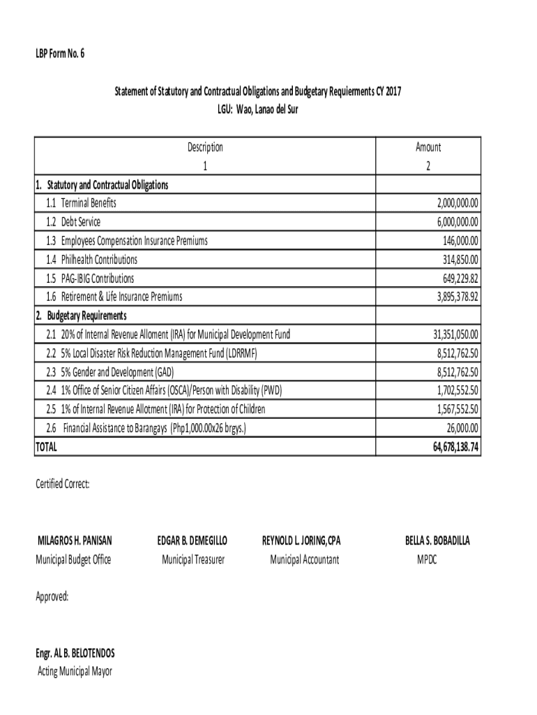 Fillable Online LBP Form No. 6 Statement of Statutory and Contractual ...