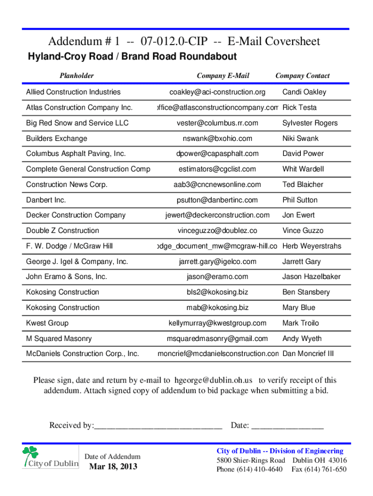 Fillable Online Addendum # 1 -- 07-012.0-CIP -- E-Mail Coversheet ...