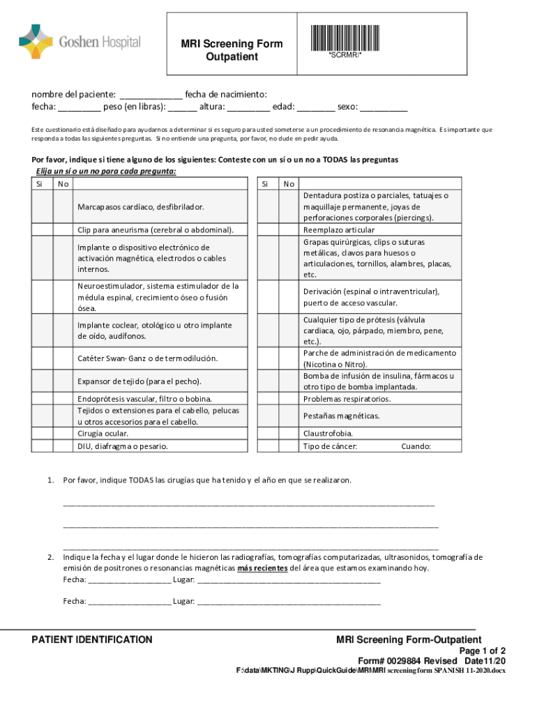 Fillable Online PDF MRI SAFETY SCREENING FORM Children's Healthcare of ...