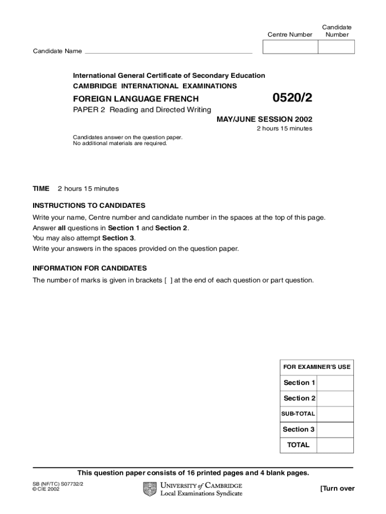 Fillable Online Past papers - Cambridge IGCSE French - Foreign Language ...