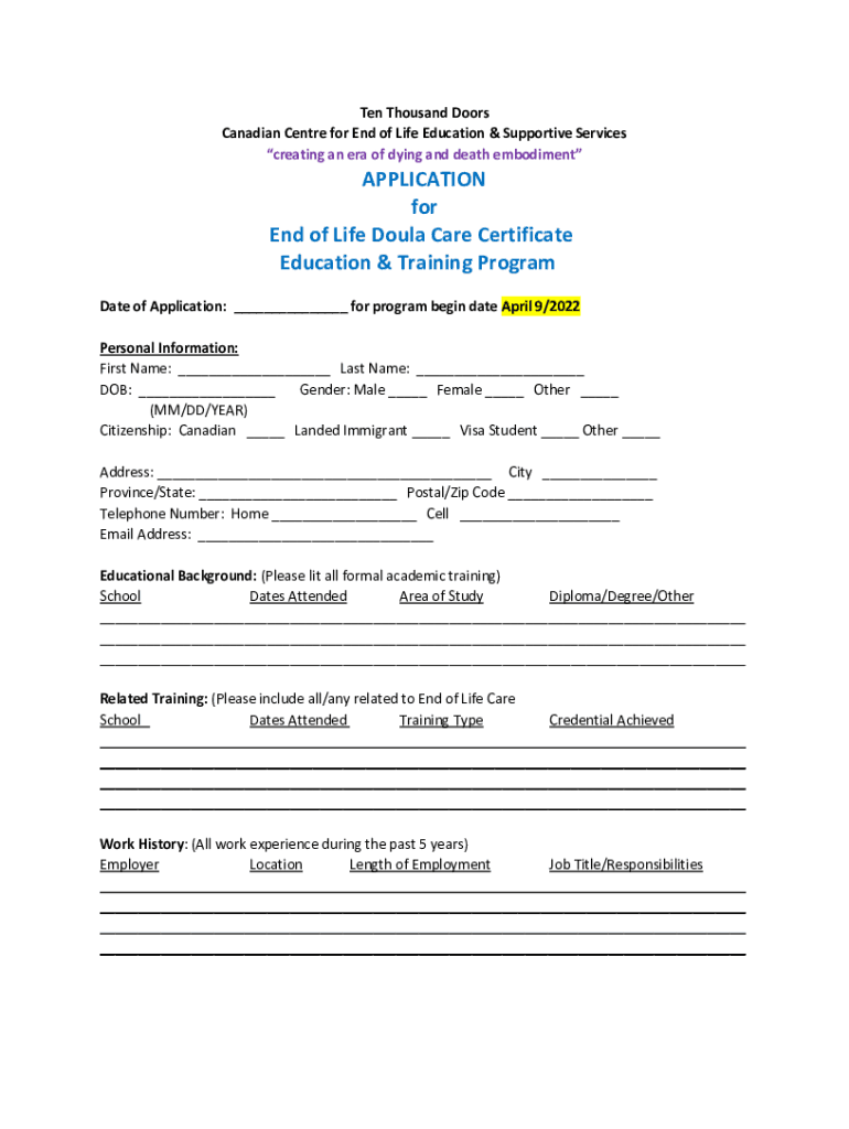 Fillable Online EOL Certificate ProgramTen Thousand Doors - End Of Life ...