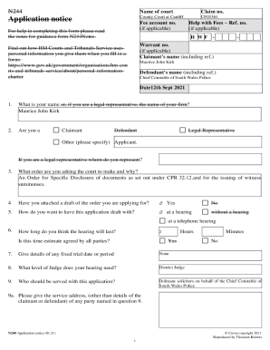 Fillable Online N244 Name of court Claim no. Application notice Fee ...