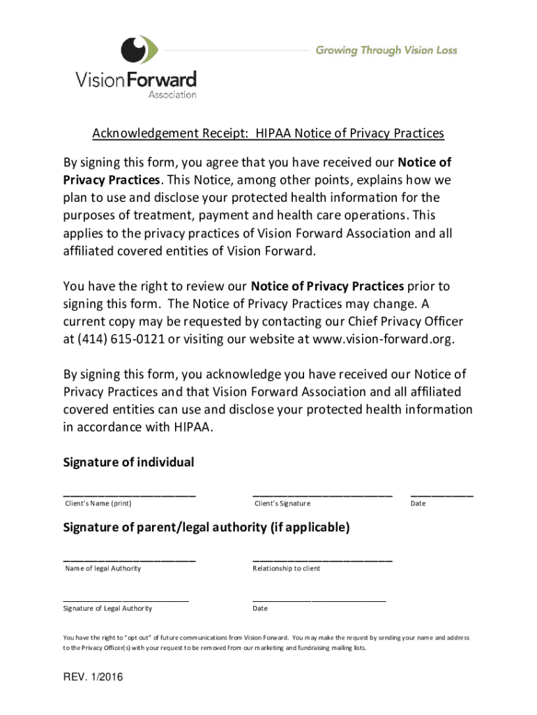 Fillable Online Acknowledgement Receipt: HIPAA Notice of Privacy ...