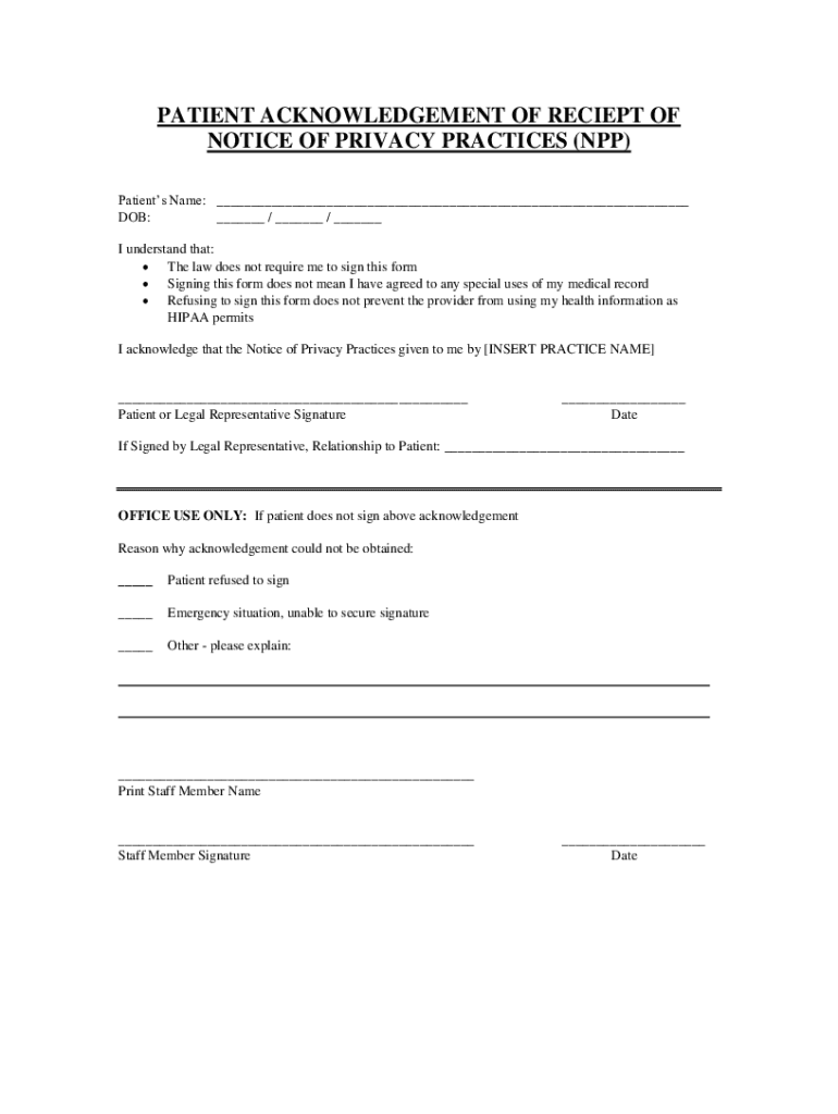 Fillable Online Fillable Online Patient Name: Acknowledgement of ...