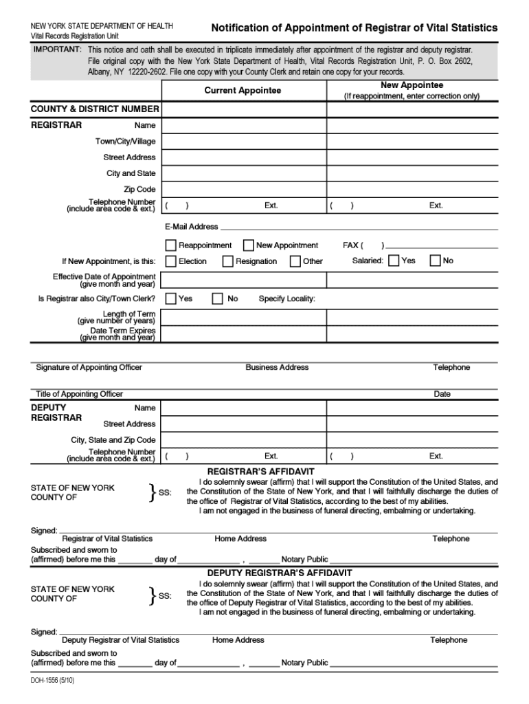 Fillable Online DOH-1556 Notification of Appointment of Registrar of ...