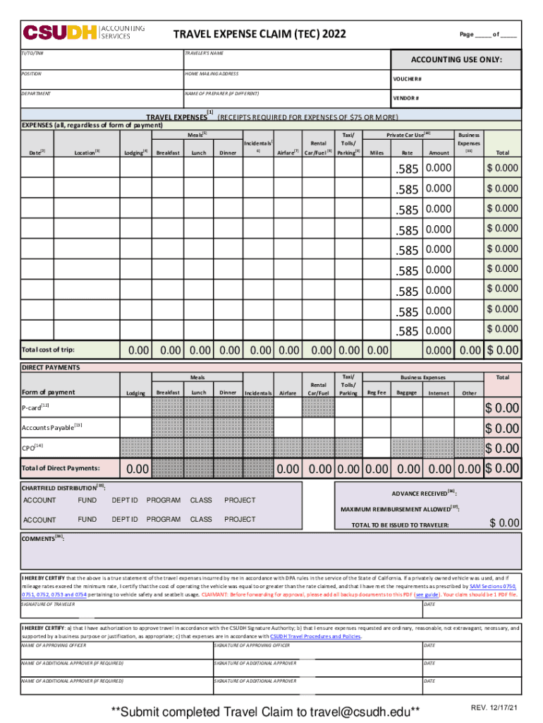 Fillable Online CSUDH Travel Expense Claim (Std. 262) Fax Email Print ...