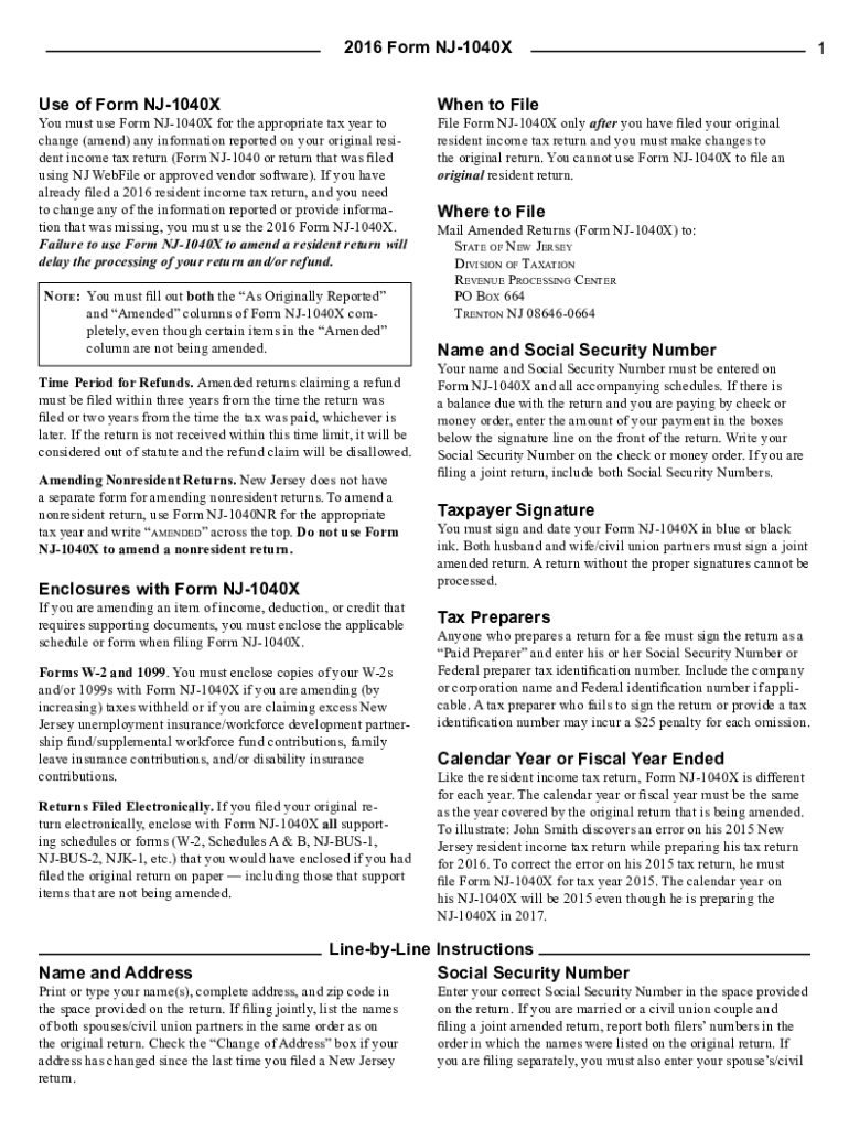 Fillable Online Use of Form NJ-1040X When to File after Fax Email Print ...