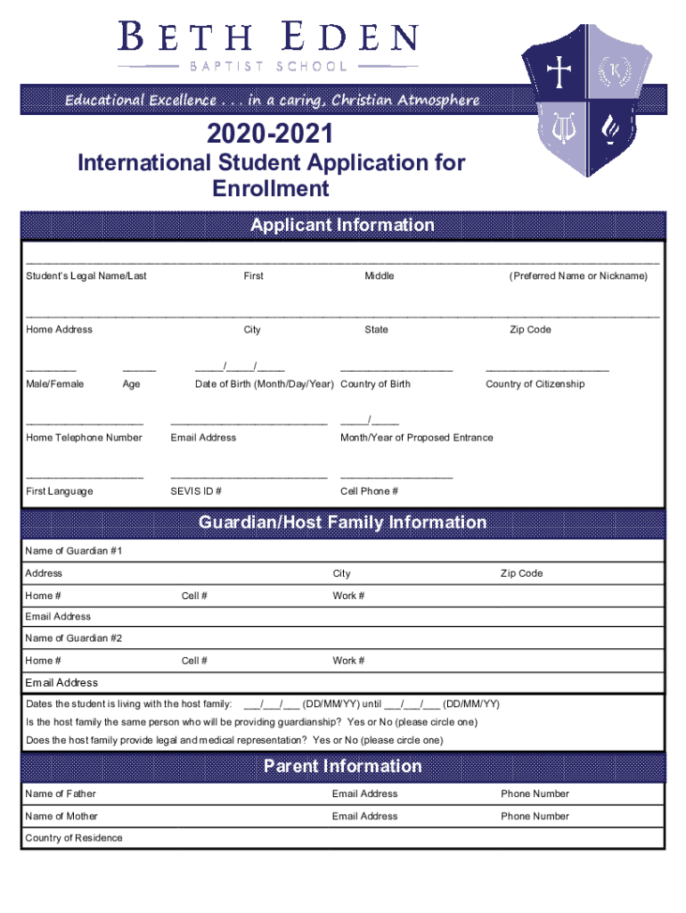 Fillable Online 20-21 International Student Enrollment Form Fax Email ...