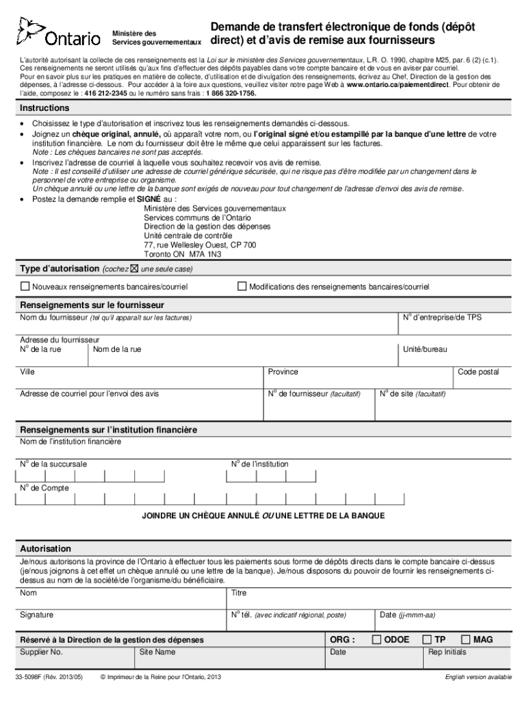 Fillable Online www.forms.ssb.gov.on.cambsssbDemande de transfert lectronique de fonds (dpt ...