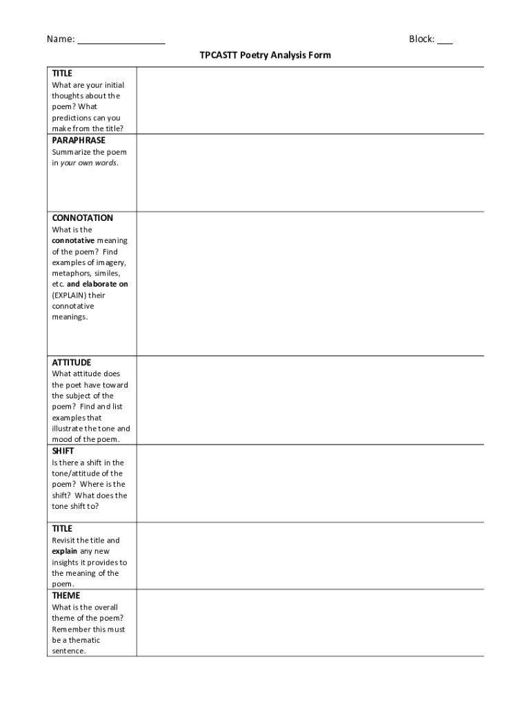 Fillable Online TPCASTT quandary1 - TPCASTT Poetry Analysis Form Title ...