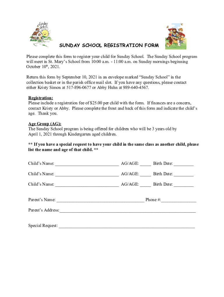 Fillable Online SUNDAY SCHOOL REGISTRATION FORM - St. Mary Parish Fax ...
