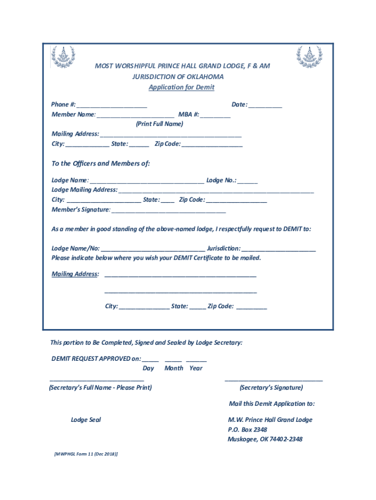 Fillable Online application for demit - Prince Hall Grand Lodge of ...