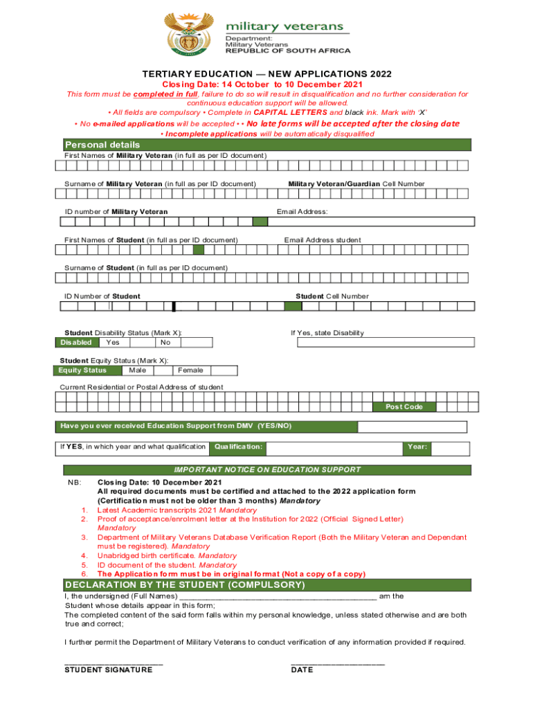 Fillable Online tertiary education new applications 2022 - Military ...