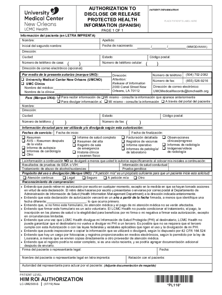 Fillable Online Spanish Authorization to Release Protected Health ...