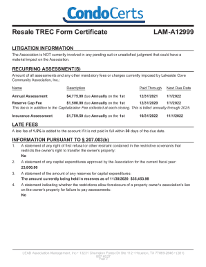 Fillable Online Resale TREC Form Certificate LAM-A12999 Fax Email Print ...