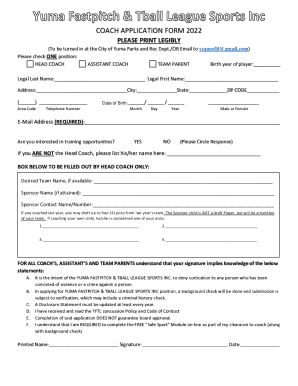 Fillable Online COACH APPLICATION FORM 2022 Fax Email Print - pdfFiller