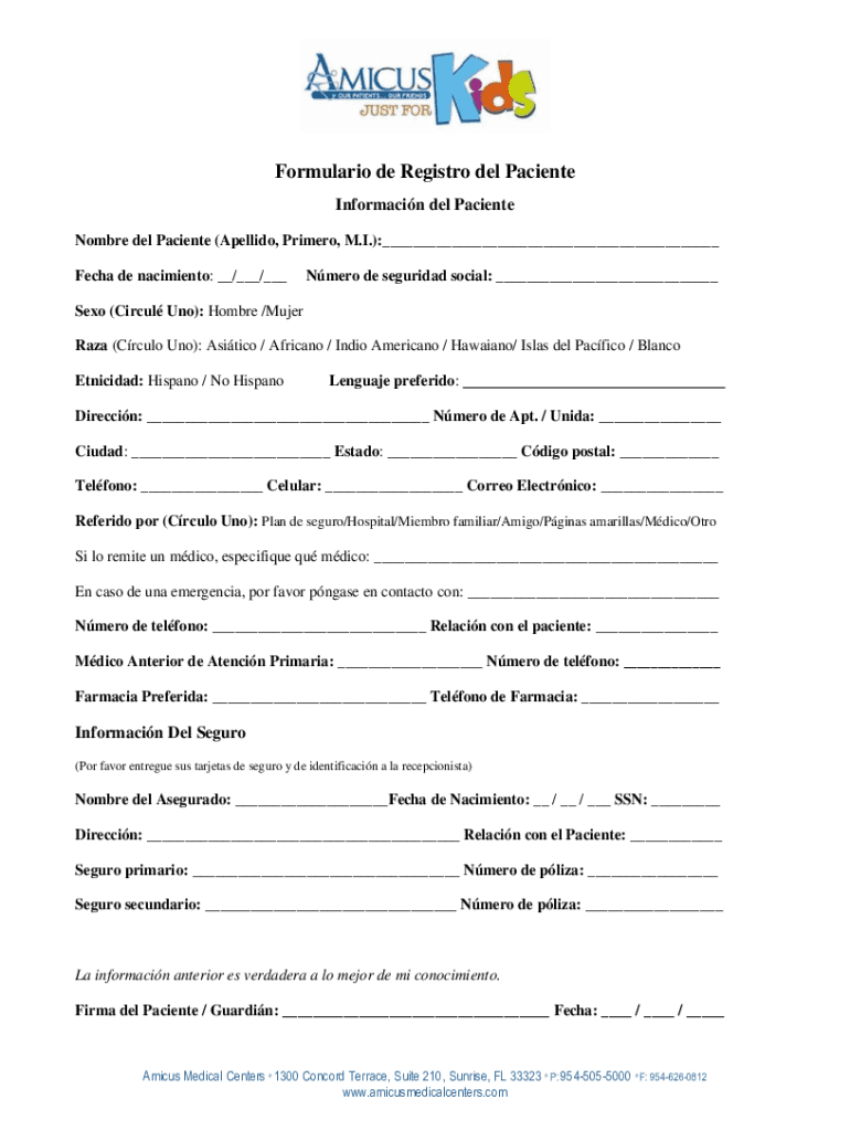Fillable Online Formulario de Registro del Paciente - Amicus Medical ...