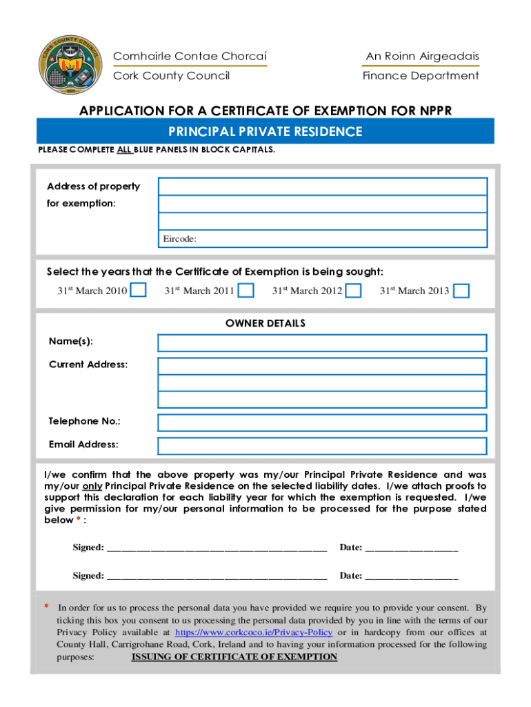 Fillable Online APPLICATION FOR A CERTIFICATE OF EXEMPTION FOR NPPR ...