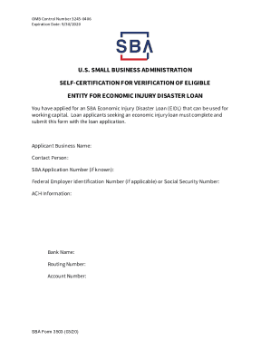 Fillable Online SBA Form 3503 Self Certification for Verification of ...