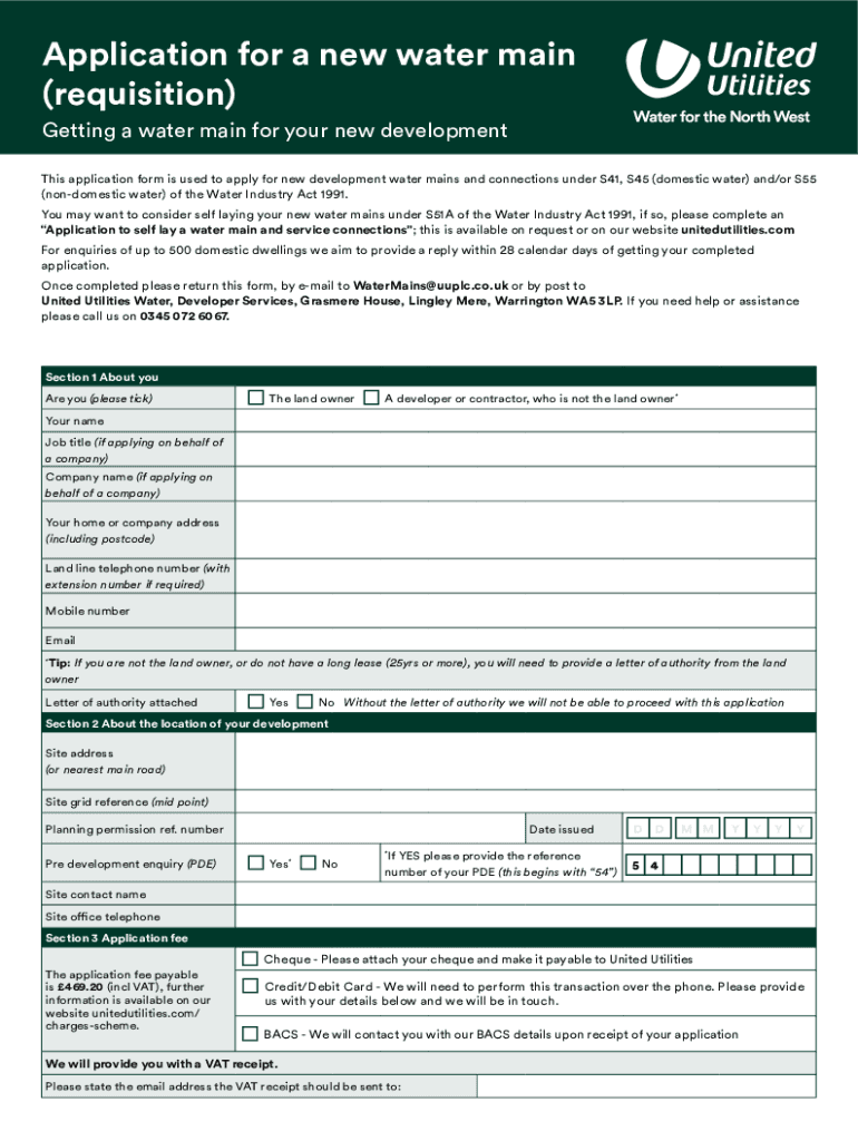 Fillable Online Application for a new water main (requisition) - United ...