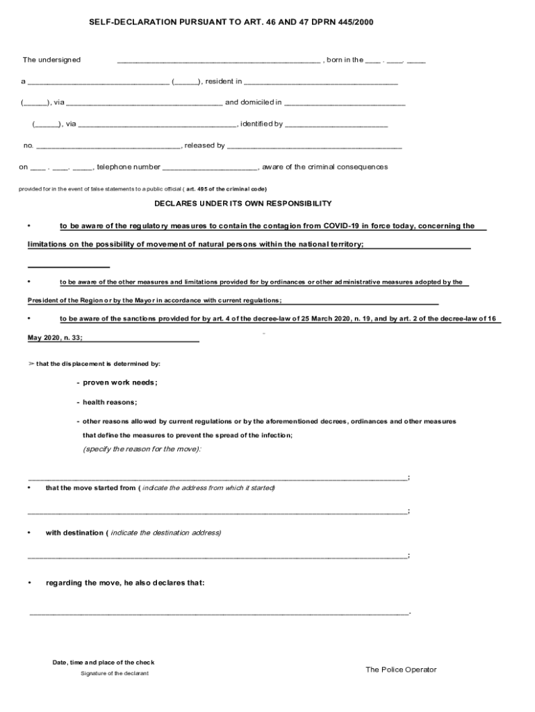 Fillable Online SELF-DECLARATION PURSUANT TO ART. 46 E 47 ... - Ryanair ...