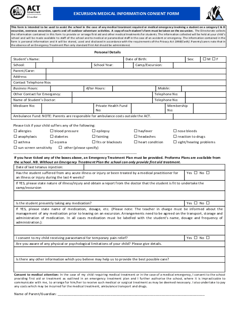 Fillable Online EXCURSION MEDICAL INFORMATION AND CONSENT FORM Fax ...