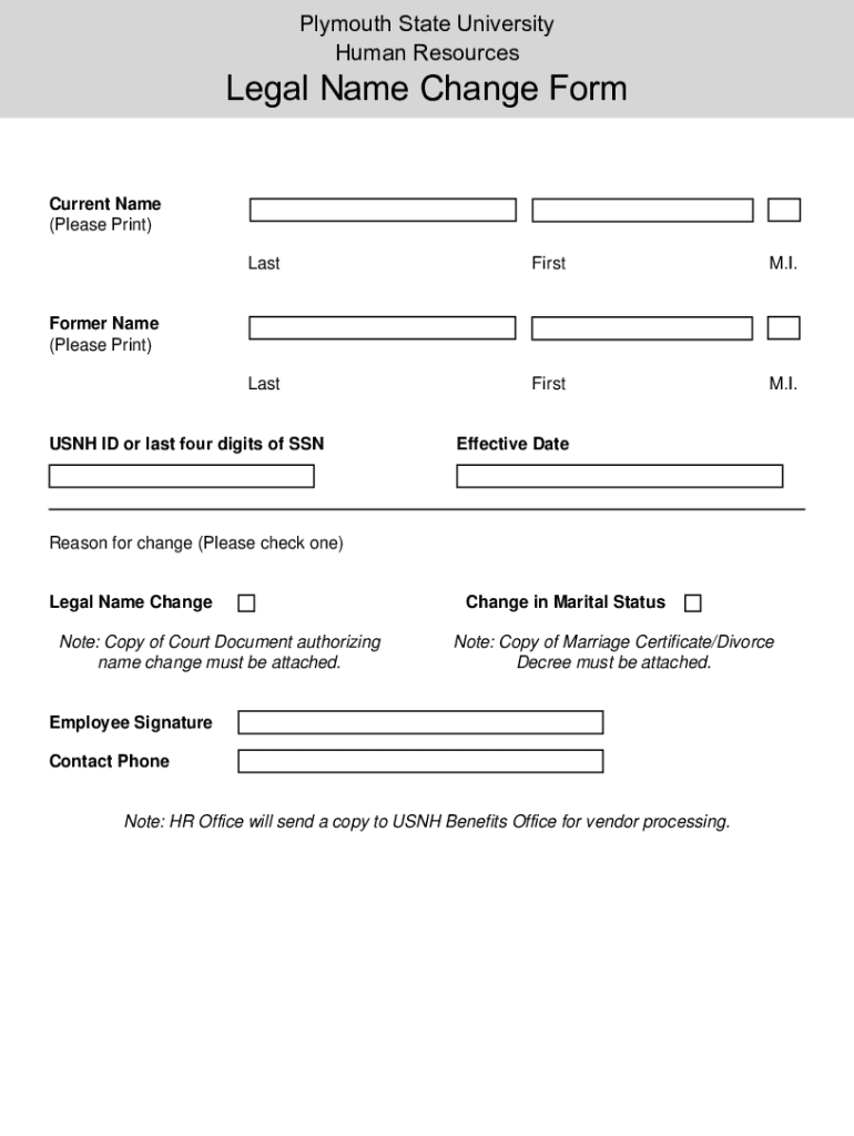 Fillable Online Legal Name Change Form - Campus at Plymouth State ...
