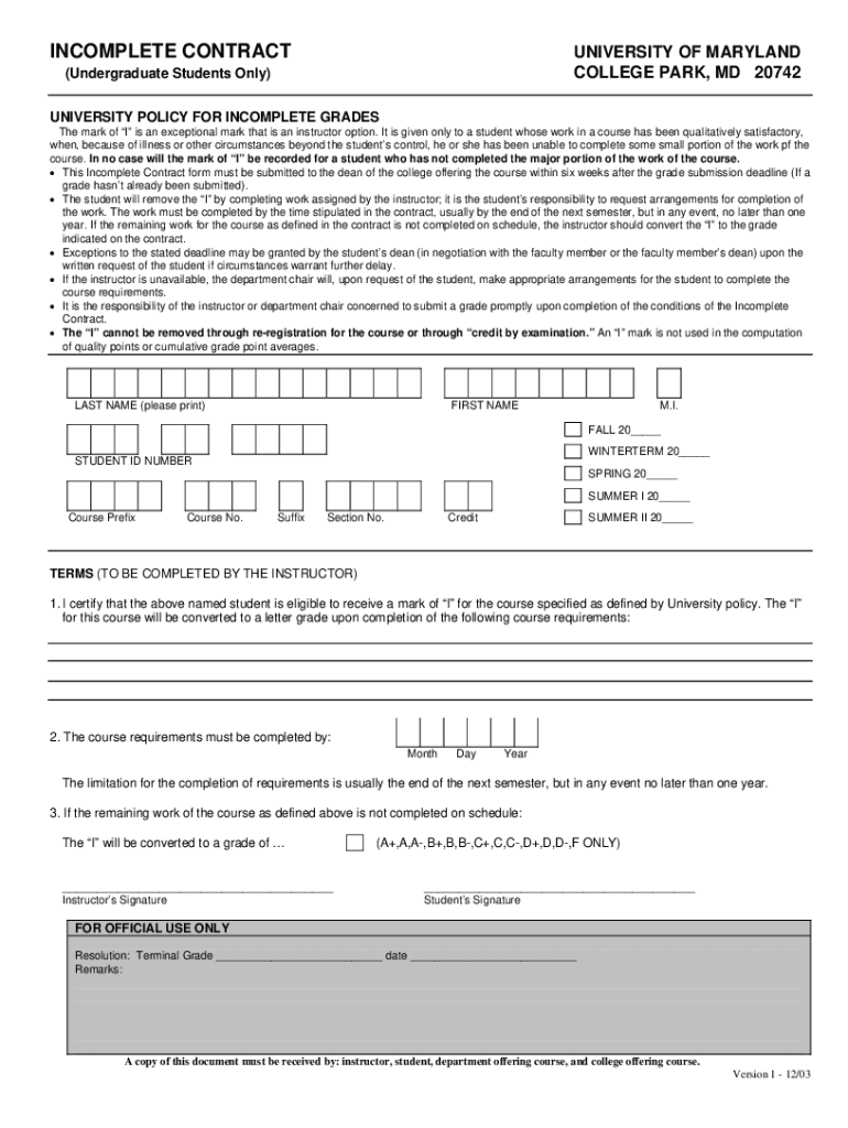 Fillable Online education umd INCOMPLETE CONTRACT UNIVERSITY OF MARYLAND ... - Fax Email Print ...