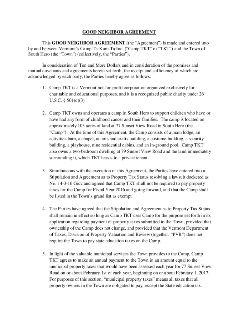Fillable Online good neighbor agreement - South Hero, Vermont Fax Email ...