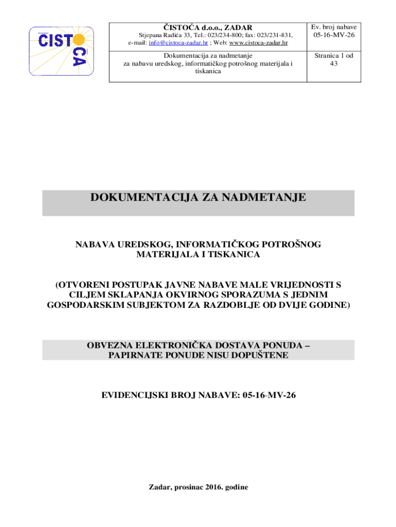 Fillable Online DOKUMENTACIJA ZA NADMETANJE-nabava uredskog, informatikog potronog materijala i ...