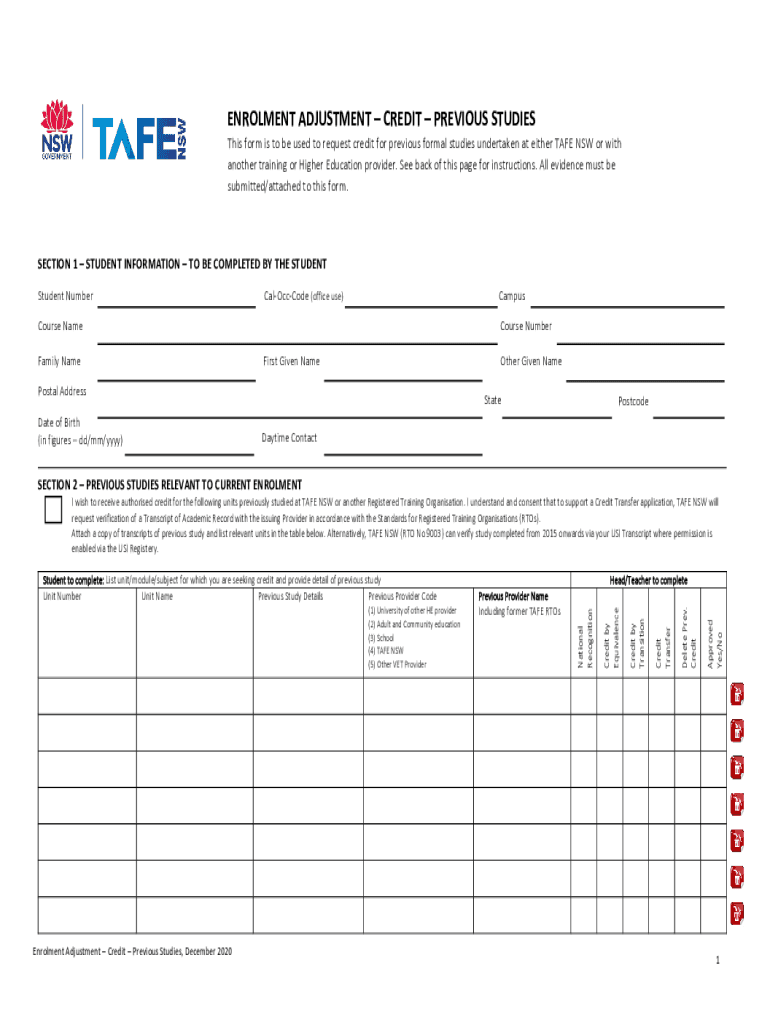 Fillable Online Enrolment Adjustment - Credit - Previous Studies - TAFE ...