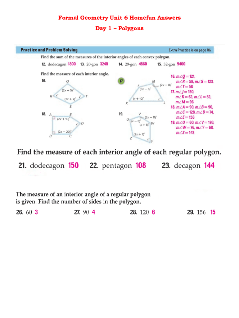 Fillable Online Formal Geometry Unit 6 Homefun Answers Day 1 Polygons ...